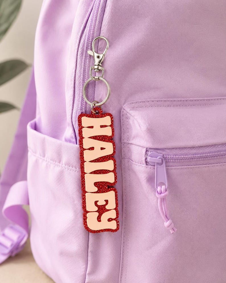 Custom Glitter Name Keychain | Retro Acrylic Backpack Charm ...