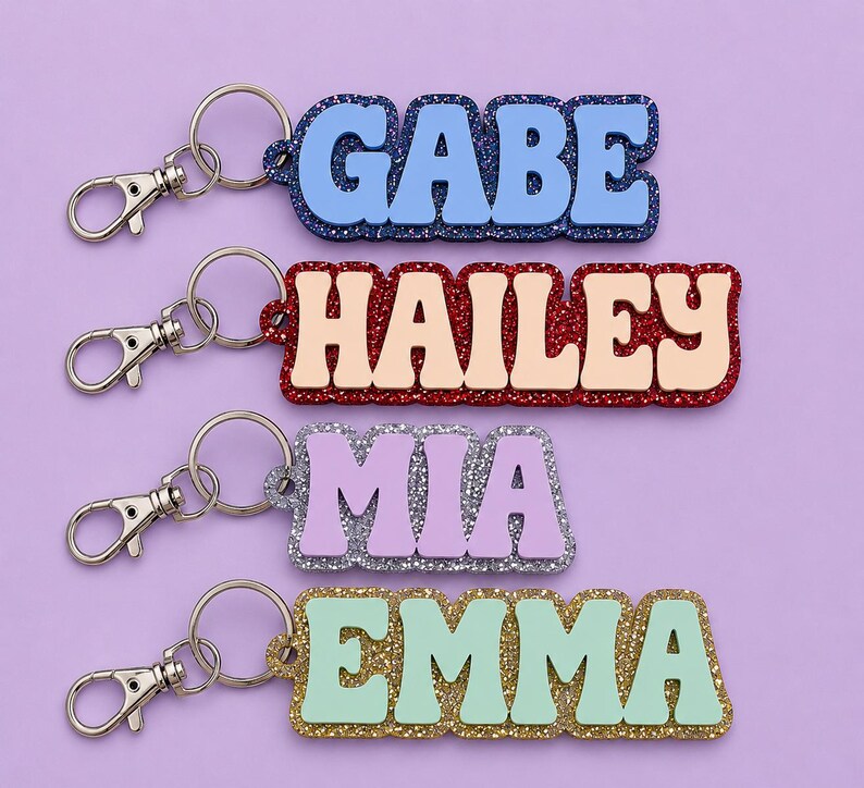 Custom Glitter Name Keychain | Retro Acrylic Backpack Charm ...