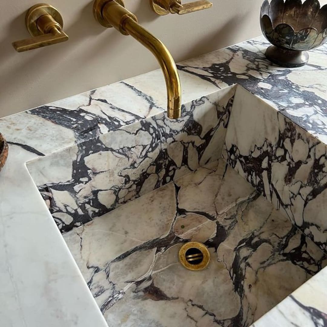 Calacatta Viola Basin Marble Sink Integrated Wall Mount 24” , Bathroom ...