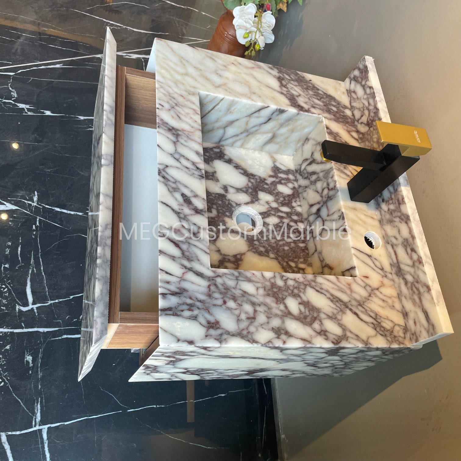 Calacatta Viola Marble Wall Mounted Vanity Sink With Drawer - Etsy