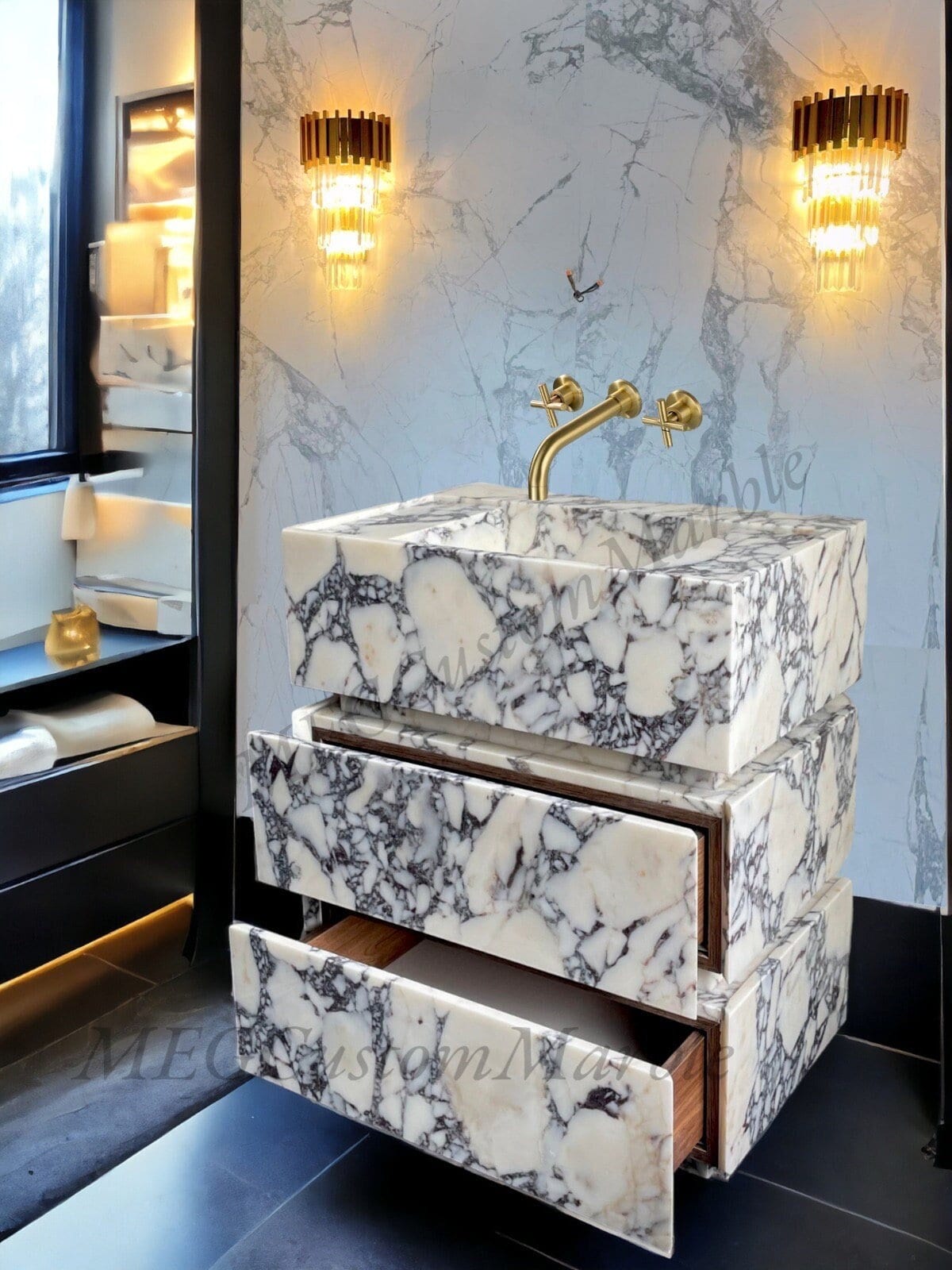 Floor Standing Marble Vanity Unit With Marble Drawers, Integrated ...