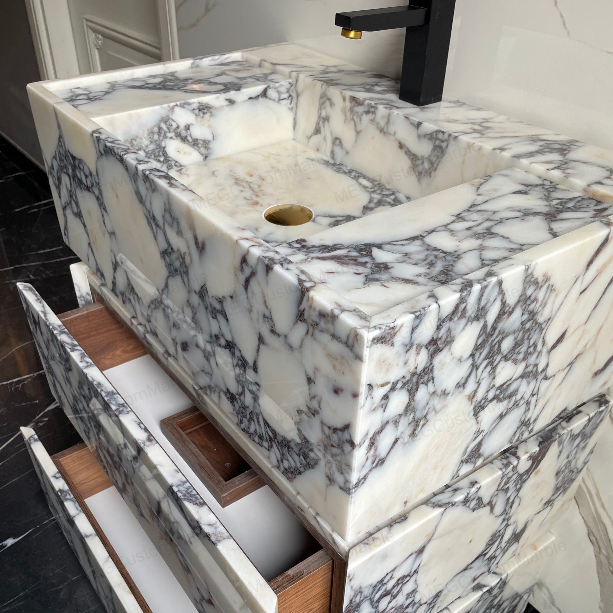 Floor Standing Marble Vanity Unit With Marble Drawers, Integrated ...