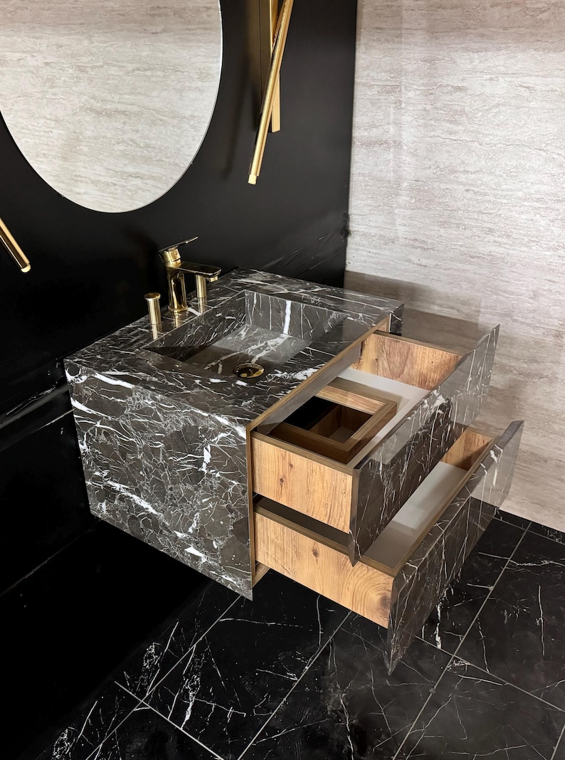 Modern Bathroom Wall Mounted Vanity Sink, Black and White Marble ...
