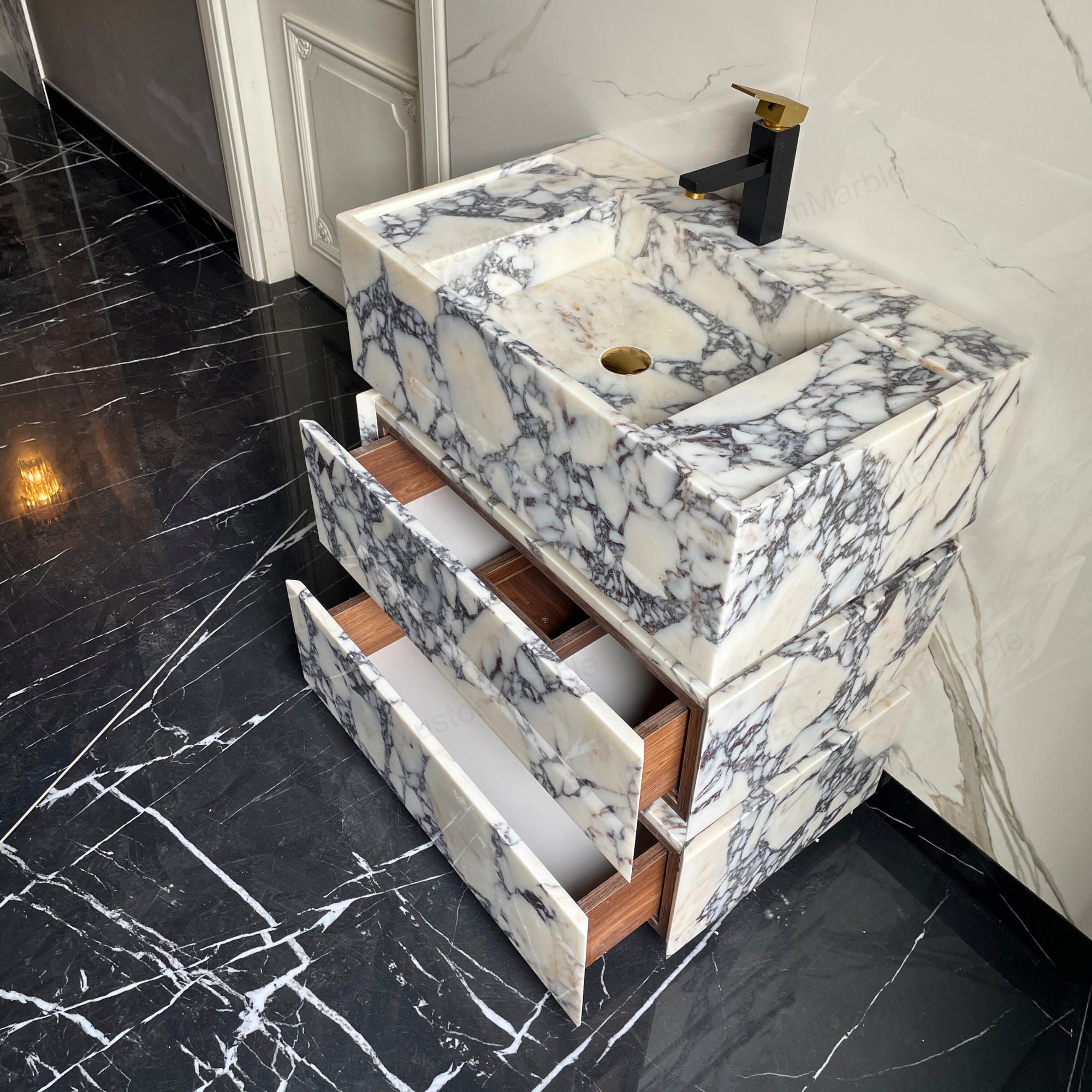 Floor Standing Marble Vanity Unit With Marble Drawers, Integrated ...