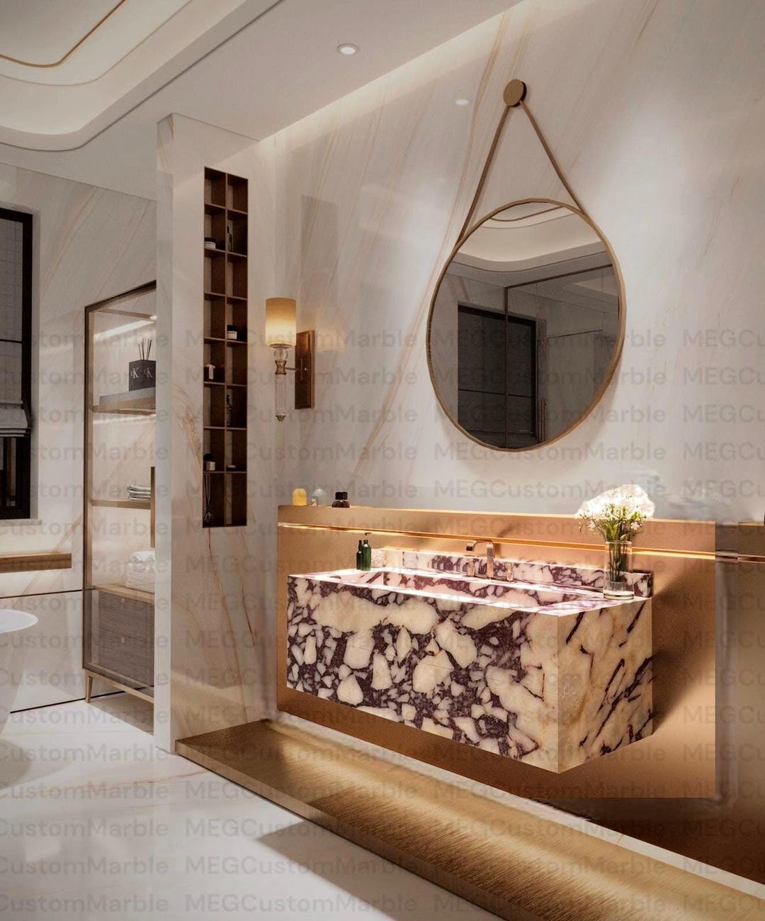 Arabescato Violet Marble Vanity Cabinet, Wall Mount Calacatta Marble ...