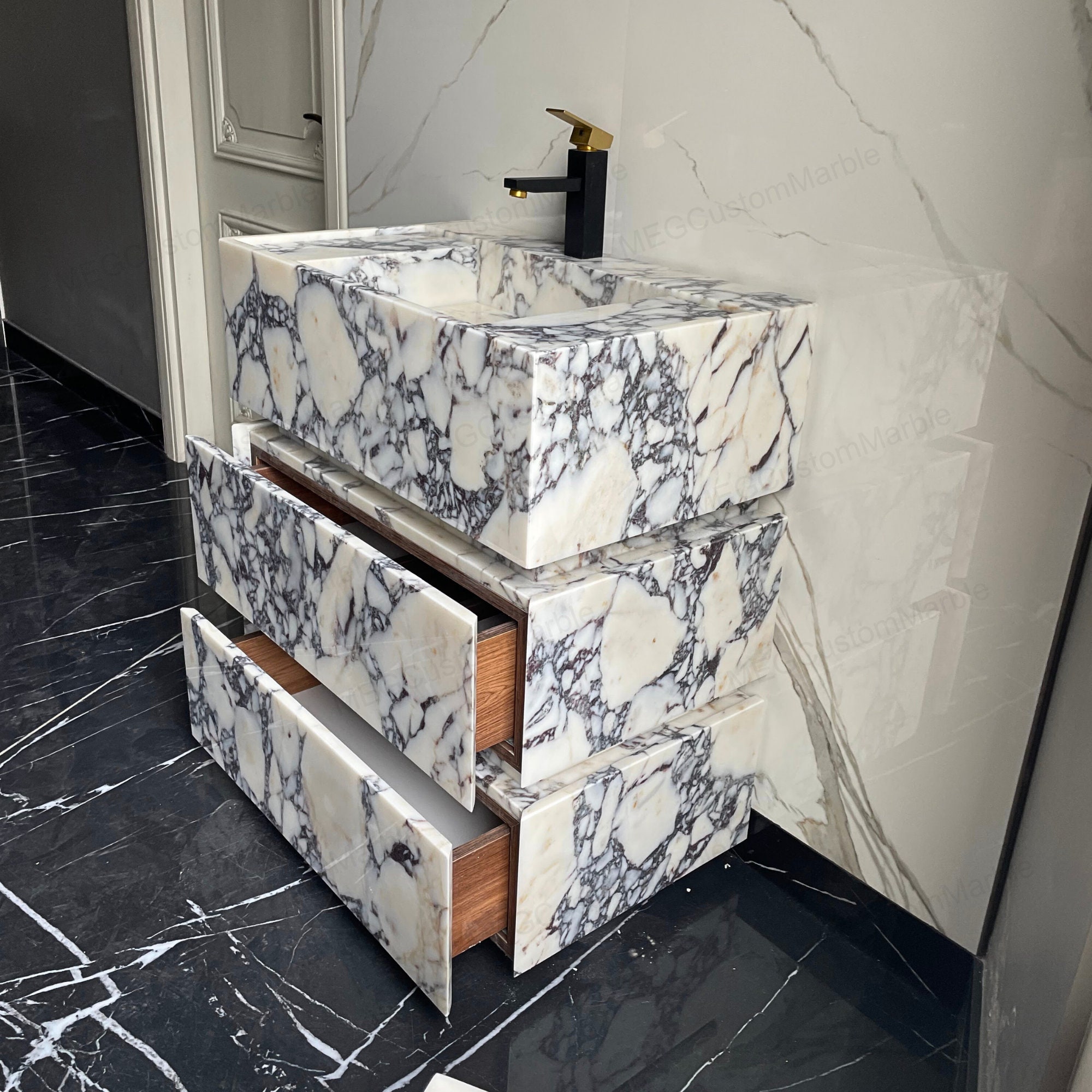 Floor Standing Marble Vanity Unit With Marble Drawers, Integrated ...