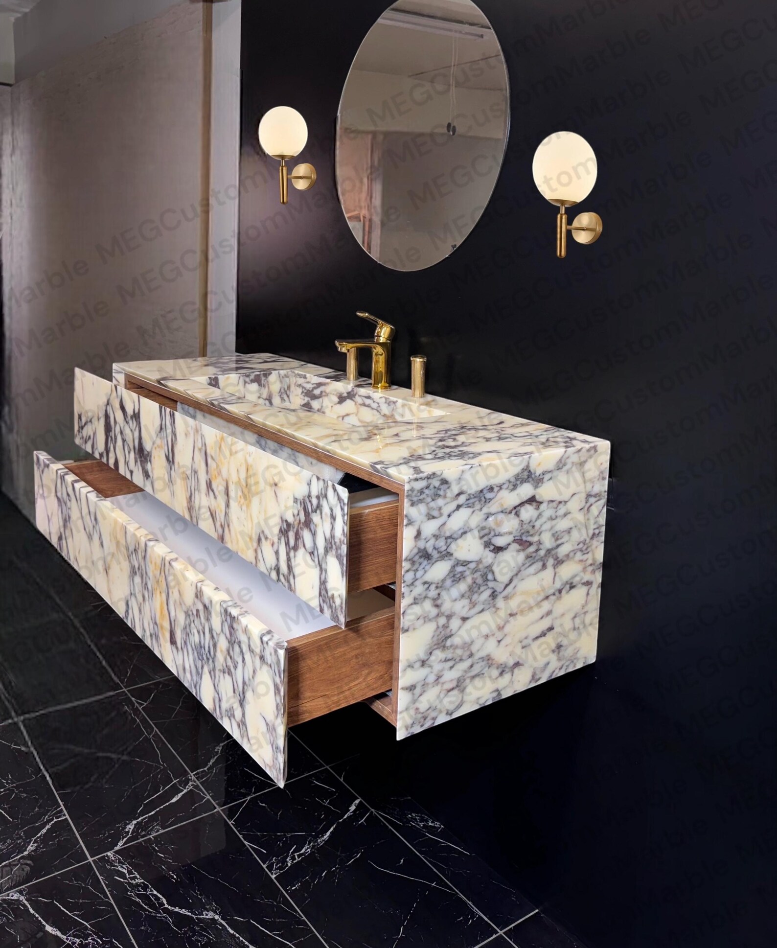 Floating Marble Vanity With Double Drawer, Calalatta Marble Bathroom ...
