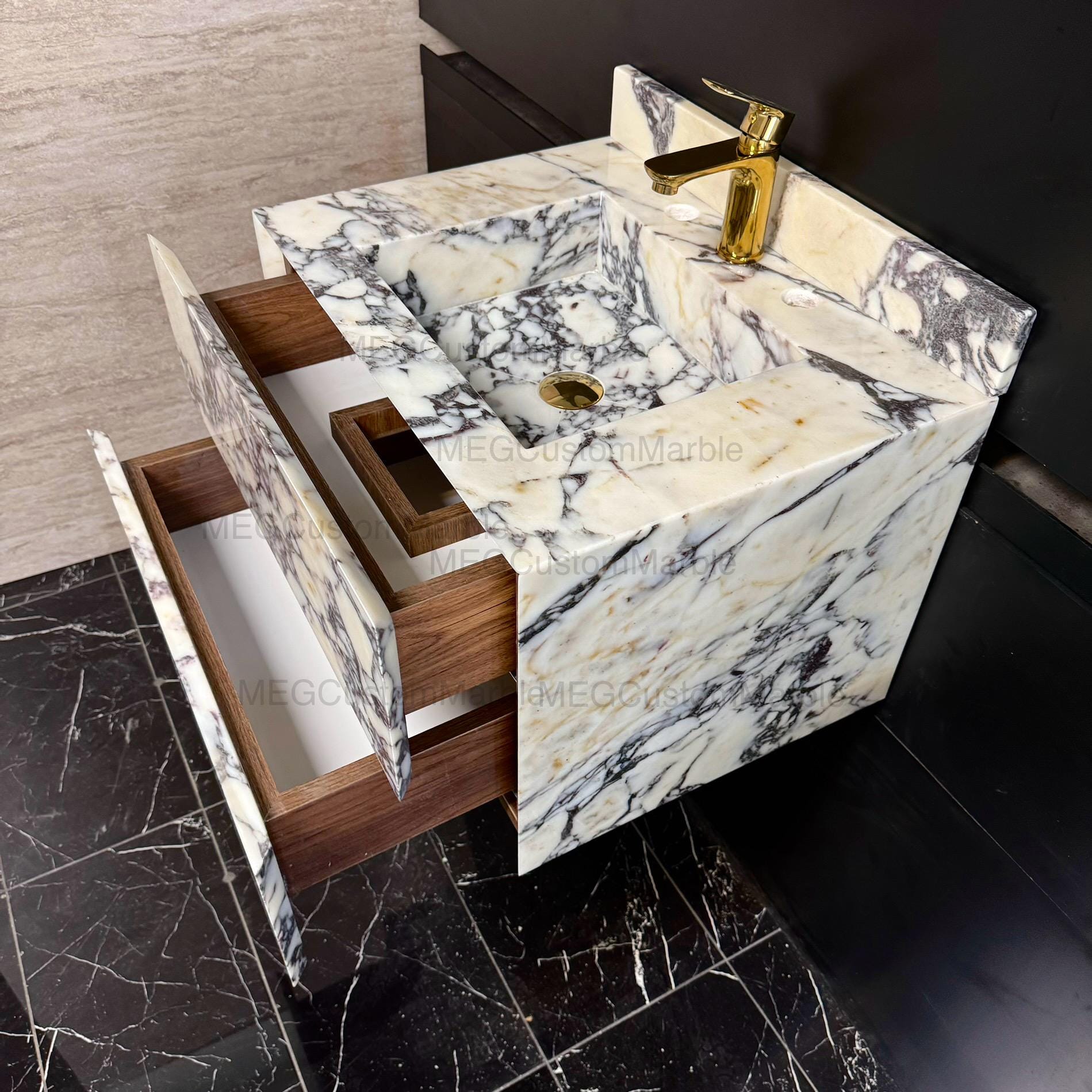 Wall Mount Marble Sink Vanity Cabinet and Functional Marble Veener ...