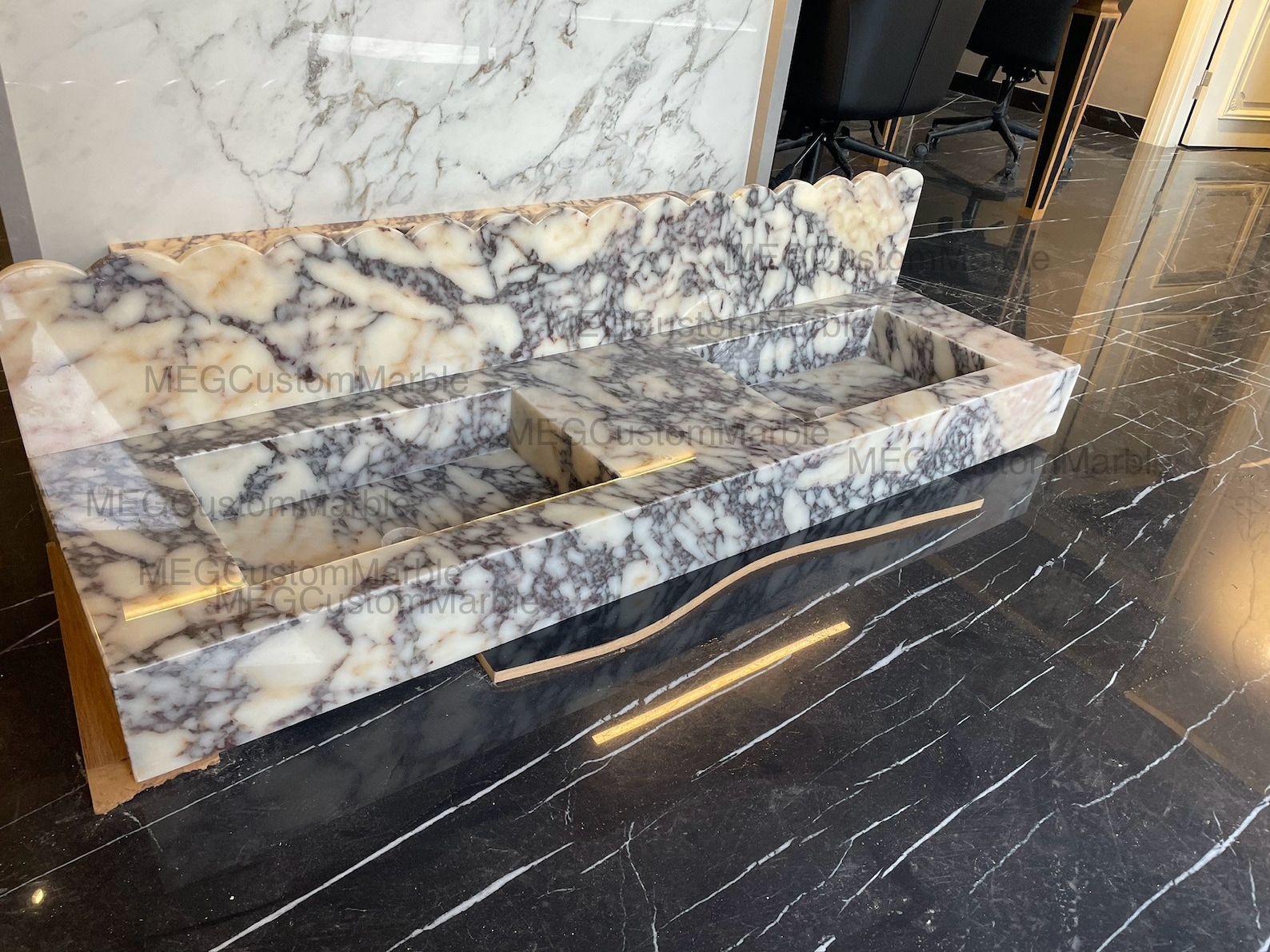Wall-hung Marble Double Sink Backsplash With Scalloped Edge Custom Made ...