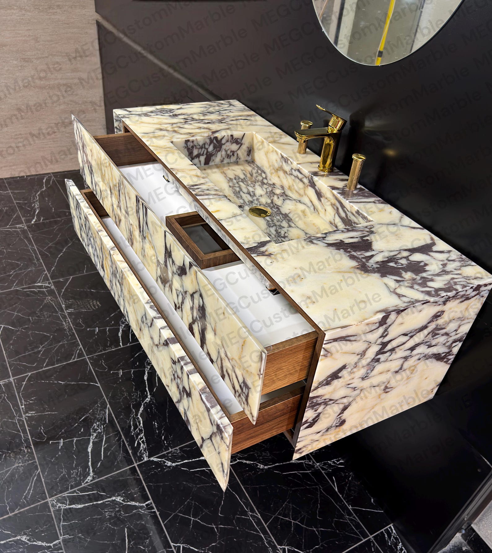 Floating Marble Vanity With Double Drawer, Calalatta Marble Bathroom ...