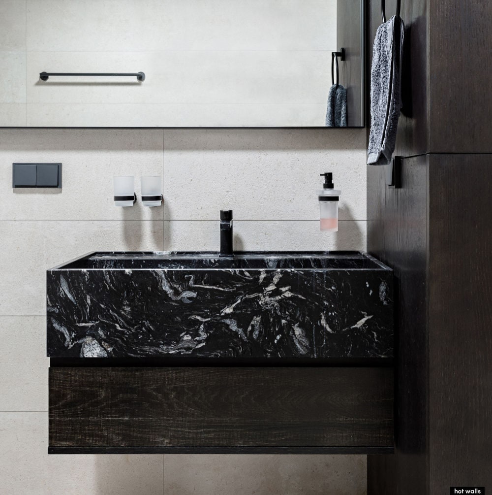 Bathroom Overall Black Marble Sink Wall Mount Nero Marquina Marble Sink ...
