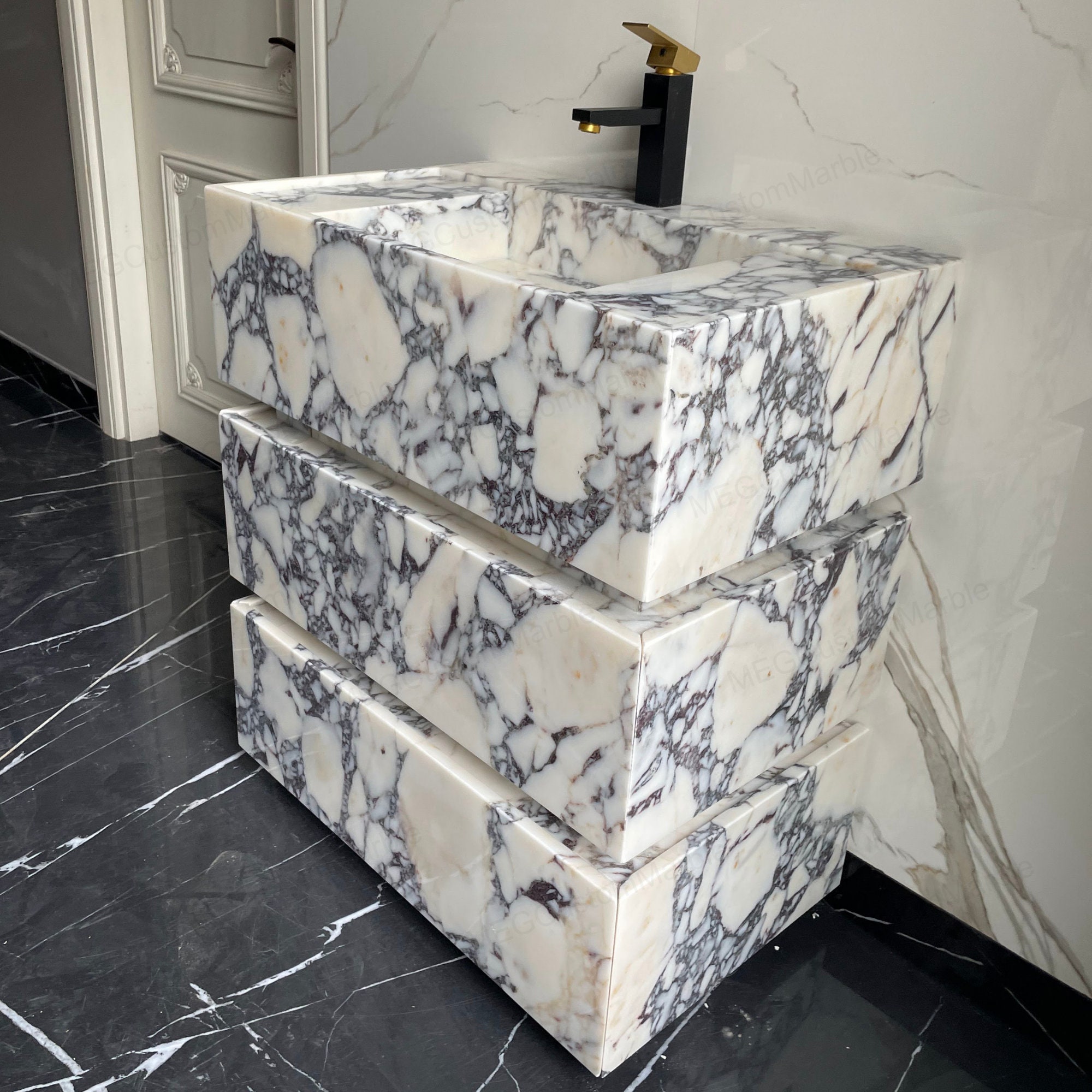 Floor Standing Marble Vanity Unit With Marble Drawers, Integrated ...
