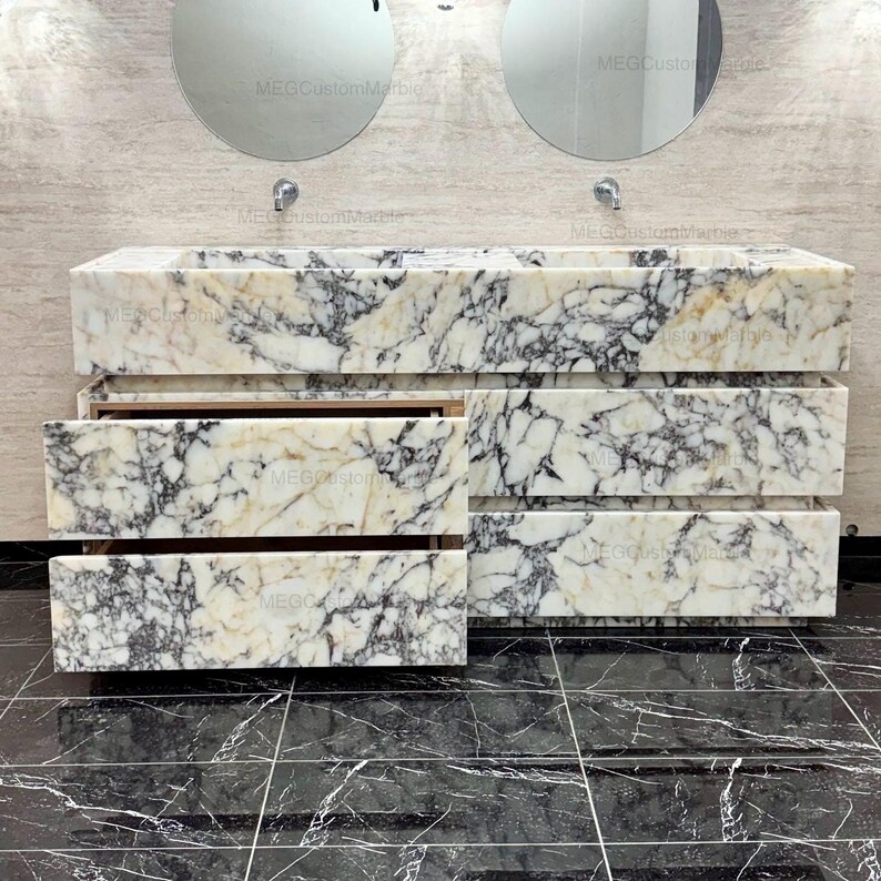 Calacatta Viola Marble Vanity Luxury Double Sink Console With 4 Drawers ...
