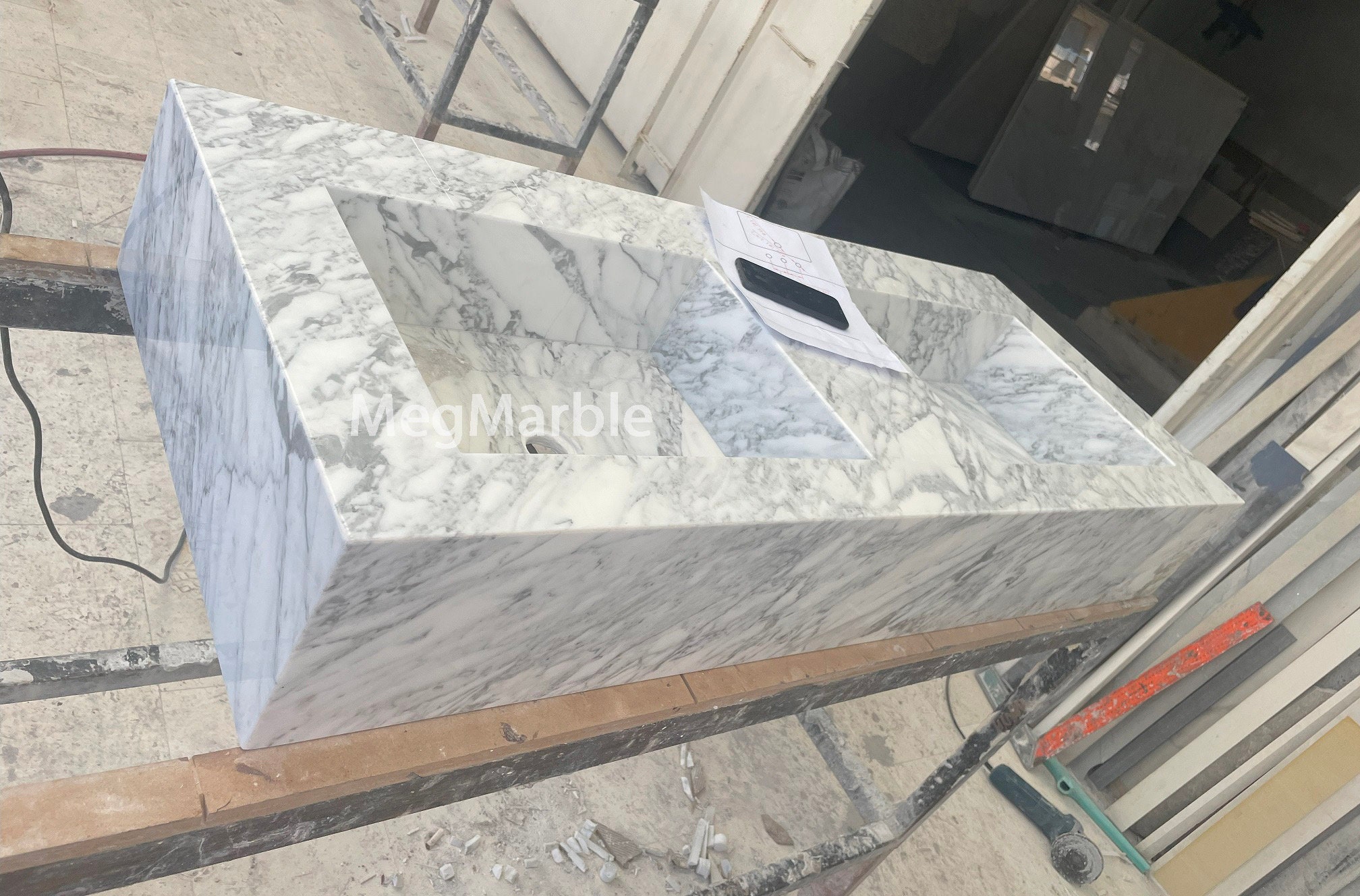 Carrara Marble Double Basin Sink, Floating Wall Mount Vanity (40x16x8 ...