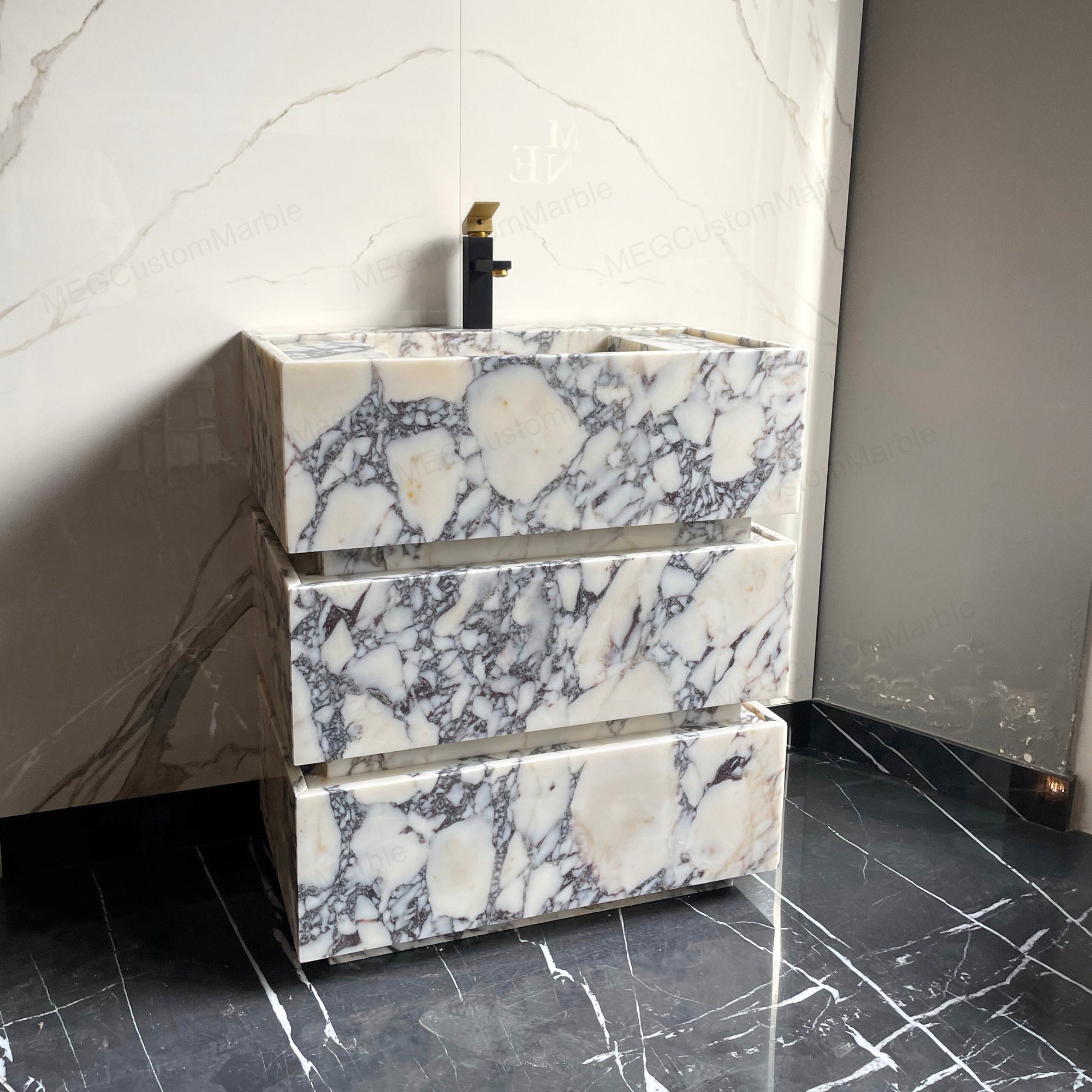 Floor Standing Marble Vanity Unit With Marble Drawers, Integrated ...