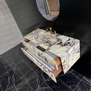 Floating Marble Vanity With Double Drawer, Calalatta Marble Bathroom ...