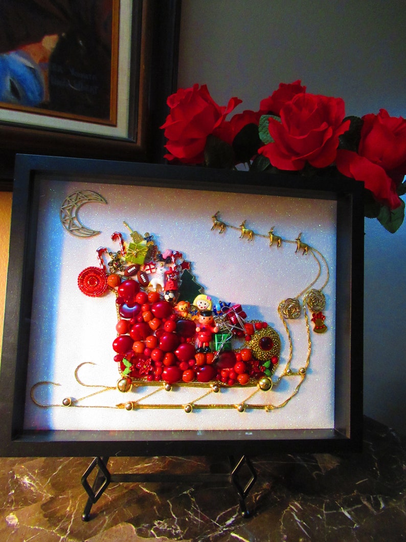 Santa Sleigh Repurposed Jewelry Art 11x14 Framed Shadowbox | Etsy