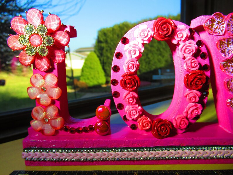 Pink LOVE Freestanding Wooden Sign Vintage/modern Jewelry Embellished ...