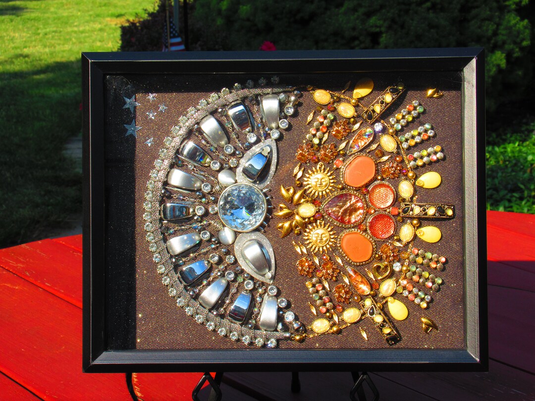 Stunning Celestial Sun and Moon Jewelry Art Framed in Shadowbox Vintage ...