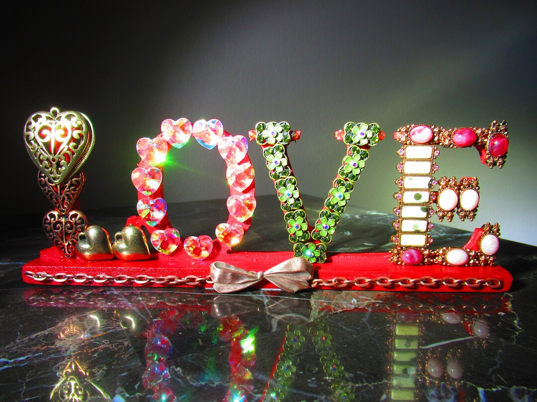 Wooden Love Freestanding Sign Embellished W/vintage and Modern Jewelry ...