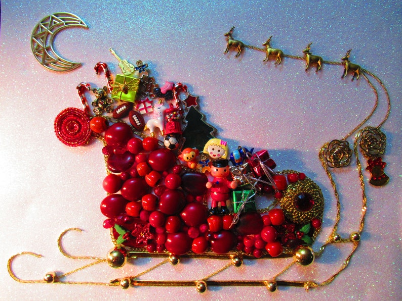 Santa Sleigh Repurposed Jewelry Art 11x14 Framed Shadowbox | Etsy