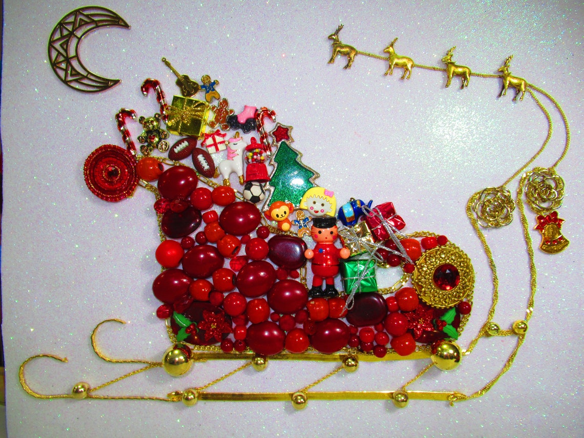Santa Sleigh Repurposed Jewelry Art 11x14 Framed Shadowbox | Etsy