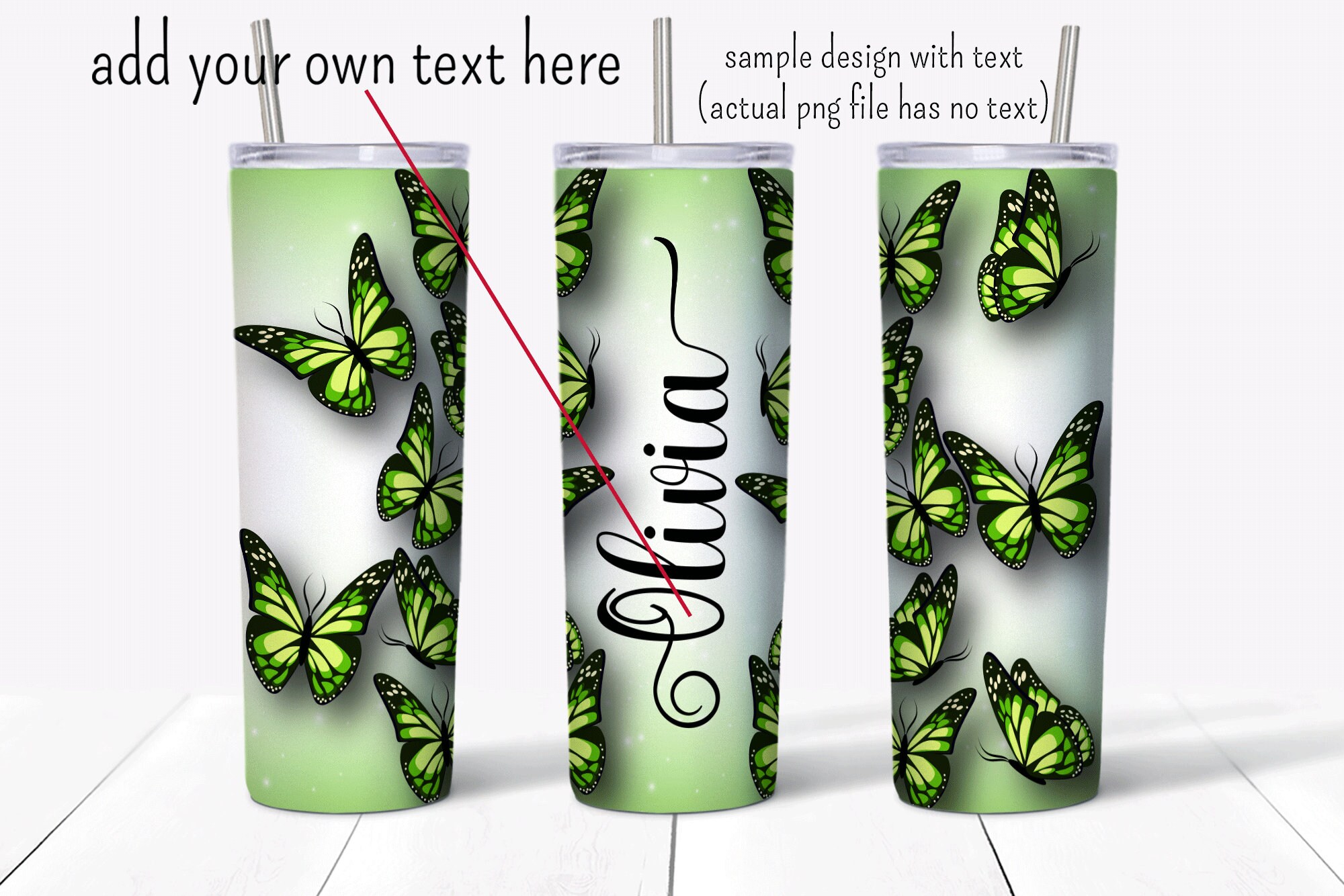 Green Butterfly Tumbler Sublimation Designs. 20 Oz Skinny Tumbler Full ...