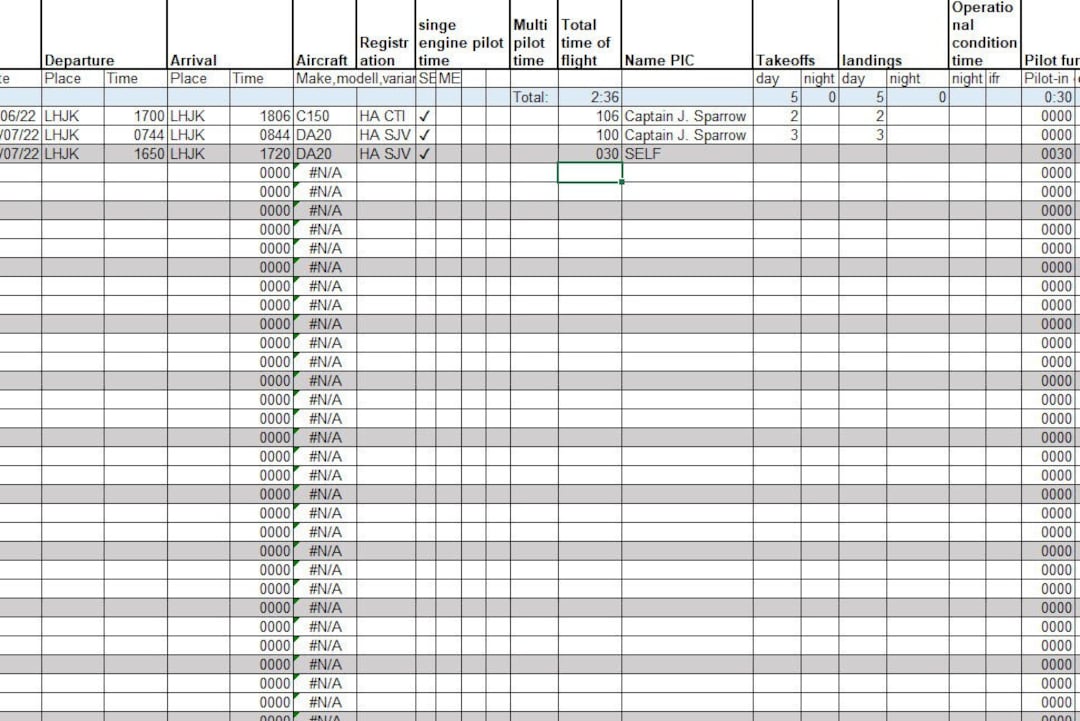 Jeppesen Style Excel Logbook (excel Spreadsheet) - Etsy