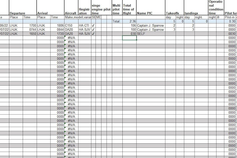 Jeppesen Style Excel Logbook (excel Spreadsheet) - Etsy