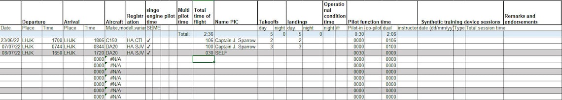 Jeppesen Style Excel Logbook (excel Spreadsheet) - Etsy