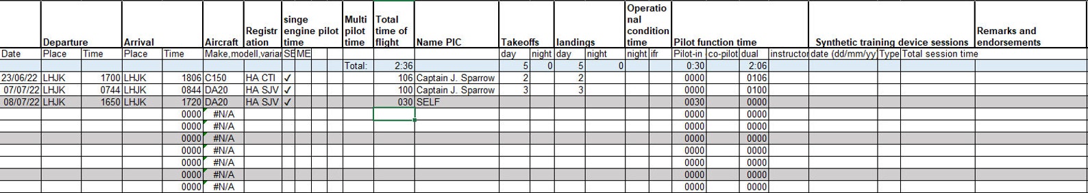 Jeppesen Style Excel Logbook (excel Spreadsheet) - Etsy