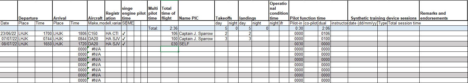 Jeppesen Style Excel Logbook (excel Spreadsheet) - Etsy