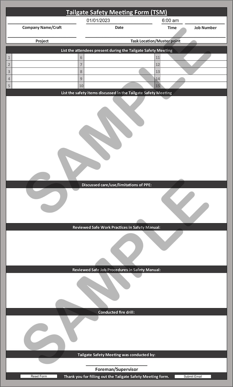 Tailgate Safety Meeting (TSM) Form Fillable PDF - Etsy