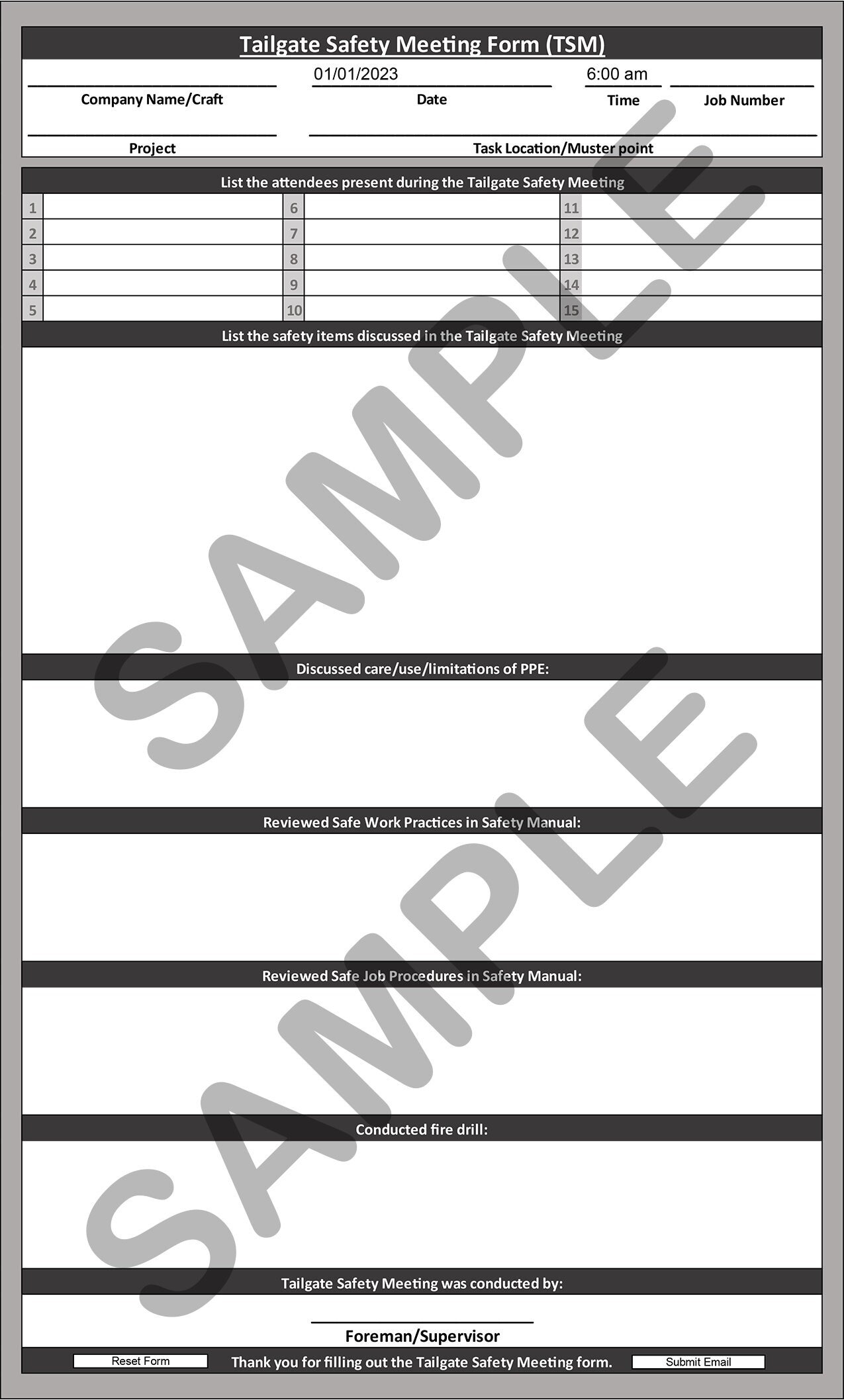 Tailgate Safety Meeting (TSM) Form Fillable PDF - Etsy