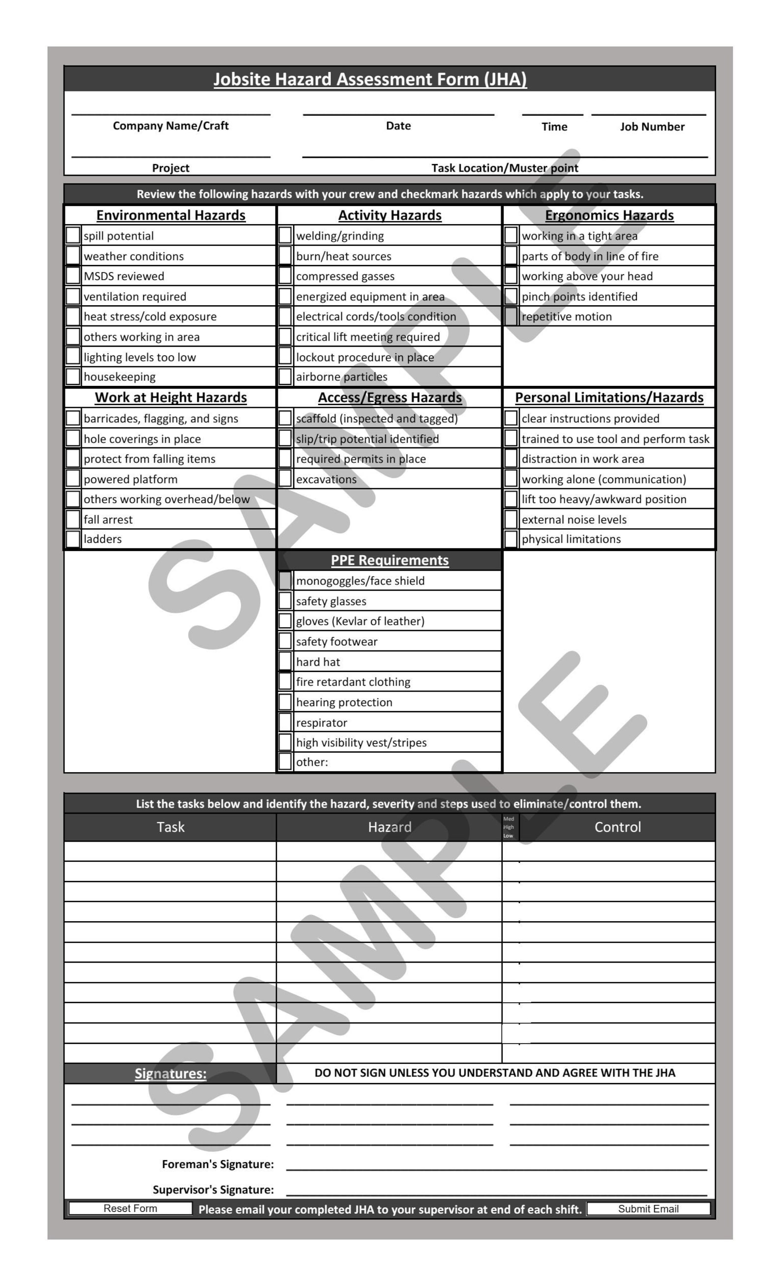Jobsite Hazard Assessment (JHA) Form Fillable PDF - Etsy