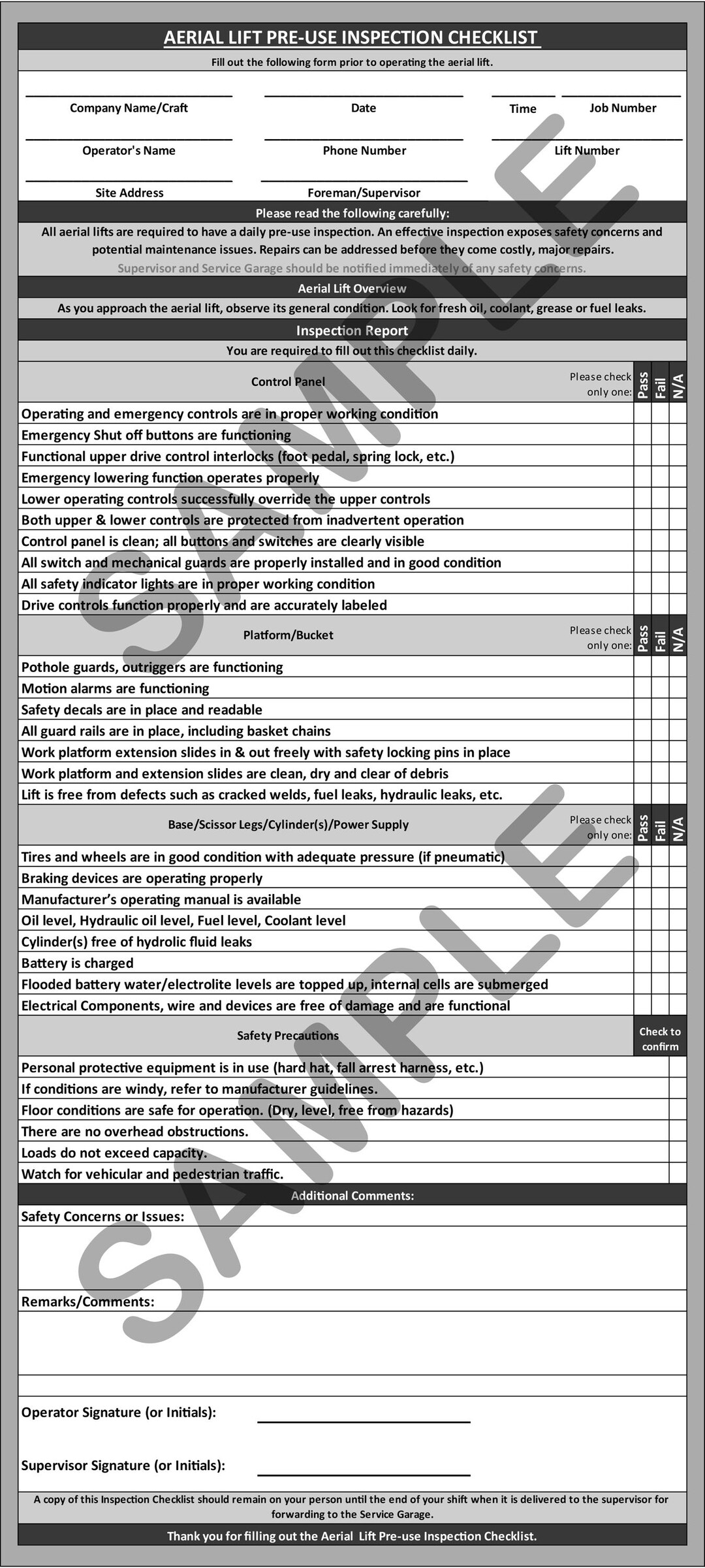 Aerial Lift Pre-use Inspection Checklist Form Fillable PDF - Etsy Australia