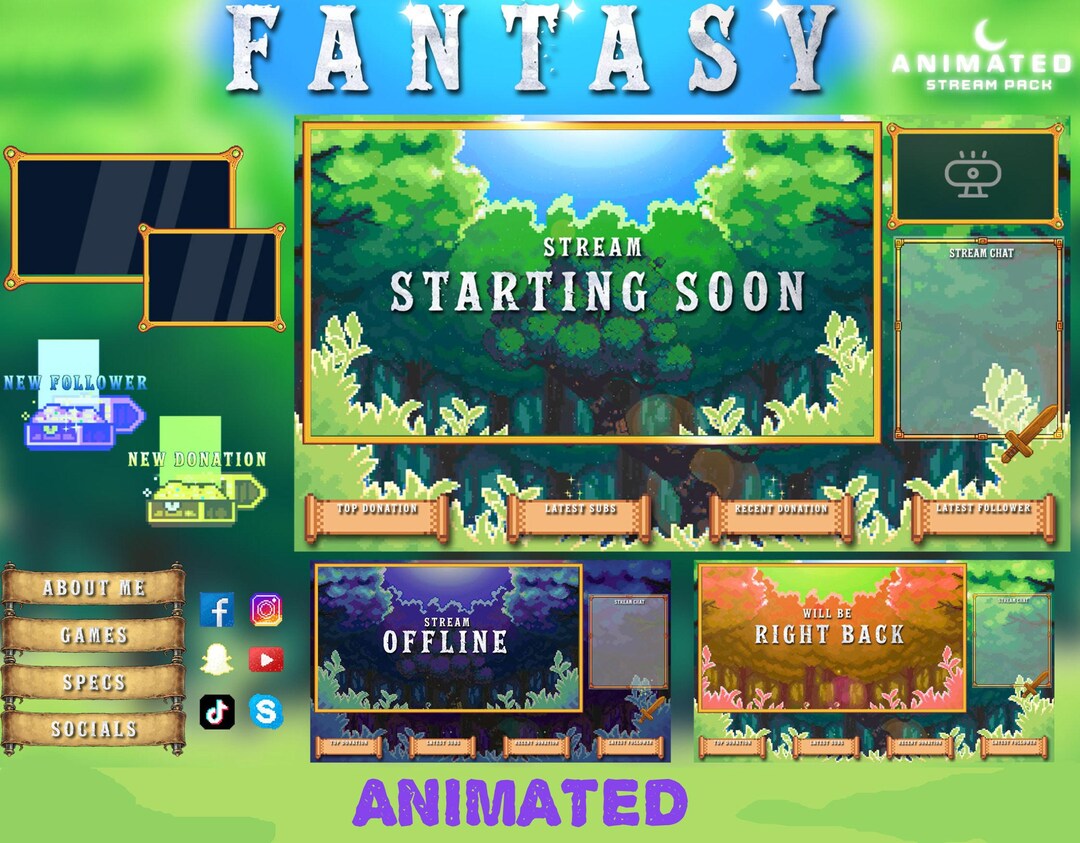 Animated RPG Pixel Art Twitch Overlay Package, Green Fantasy Stream ...