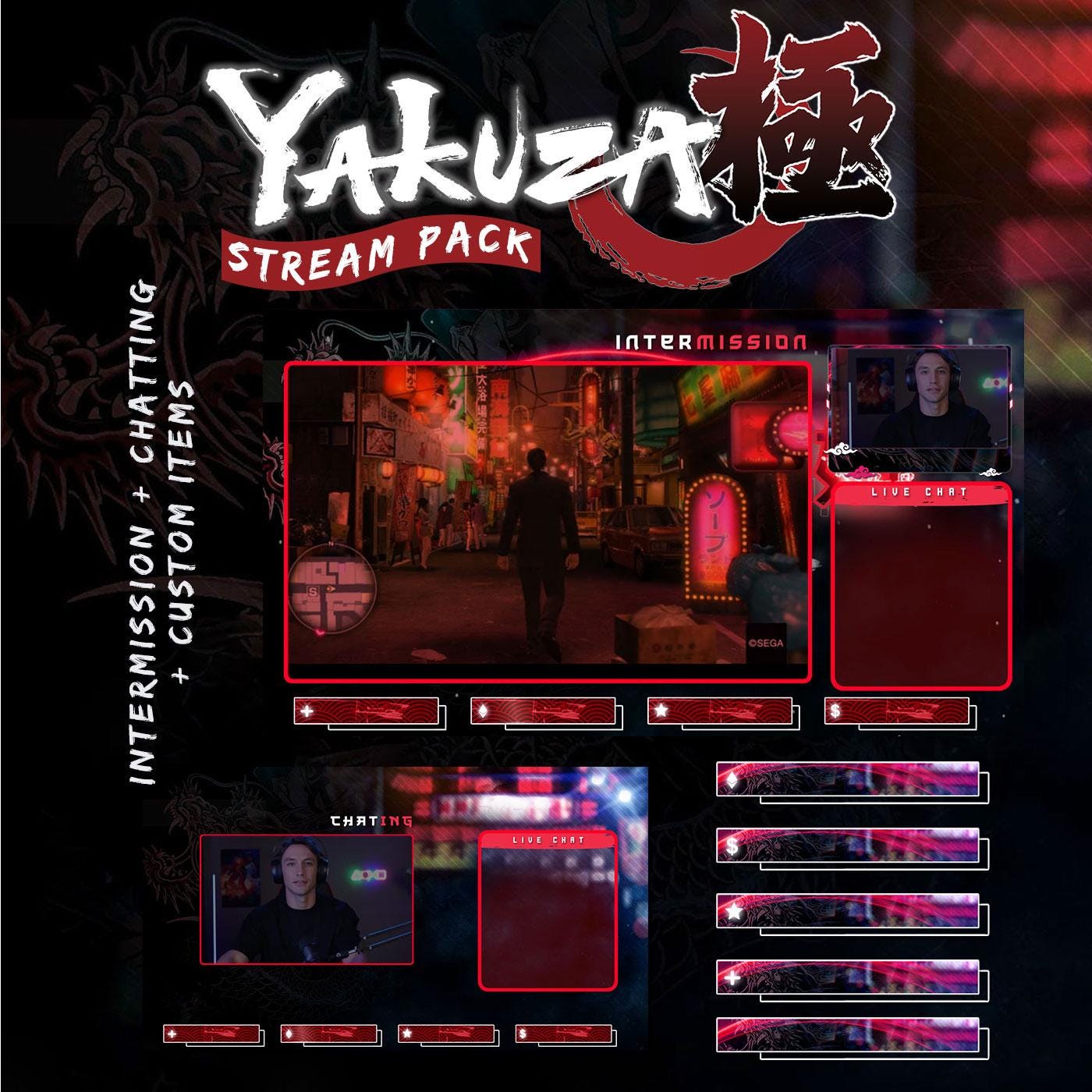 Yakuza Stream Package Animated Japanese Overlays in Black and Red Full ...