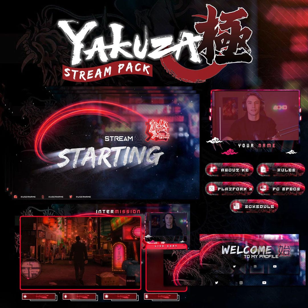 Yakuza Stream Package Animated Japanese Overlays in Black and Red Full ...