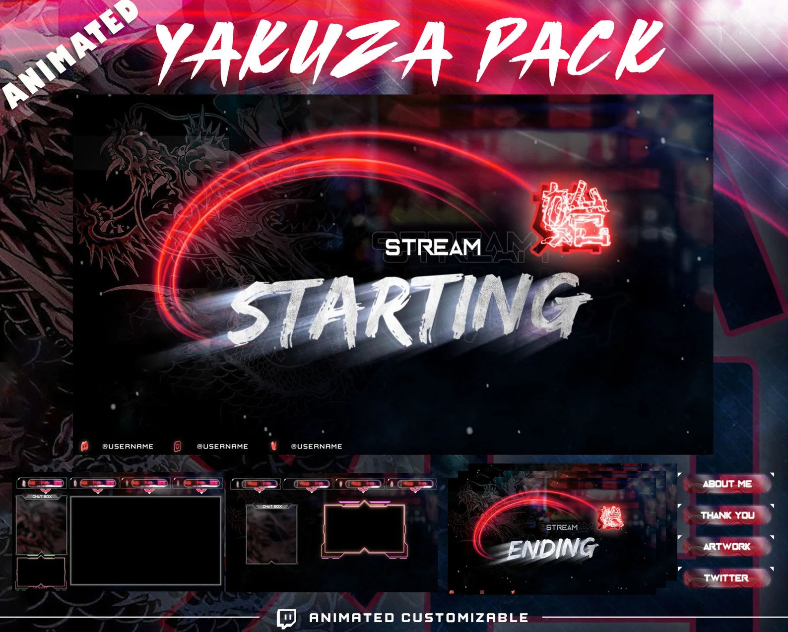 Yakuza Stream Package: Animated Japanese Overlays in Black and Red ...