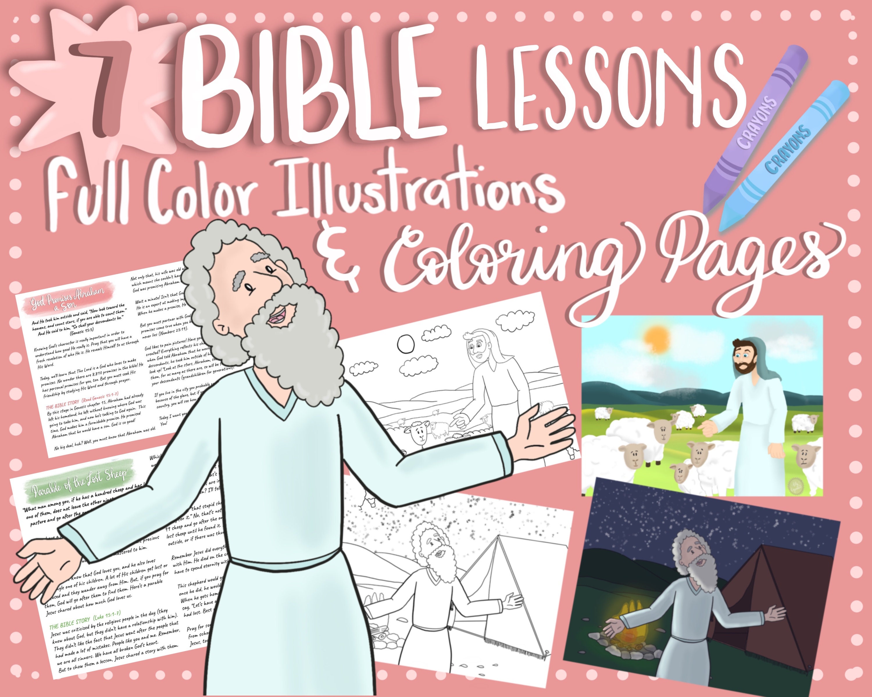 7 BIBLE STORIES, Illustrations and Coloring Pages | Lessons Included ...