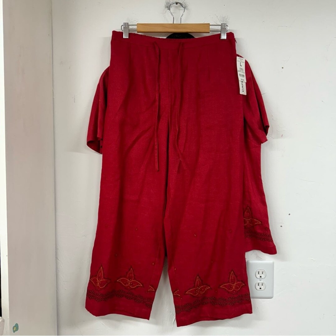 Vintage Red Linen Two Peice Set Wide Leg Pants Short Sleeve Button Down ...