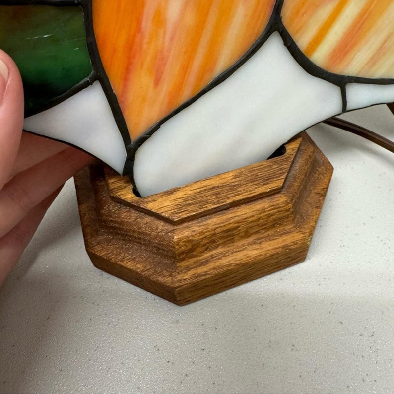 Vintage Stained Glass Flower Wood Base Fan Light Decorative Lamp Orange ...