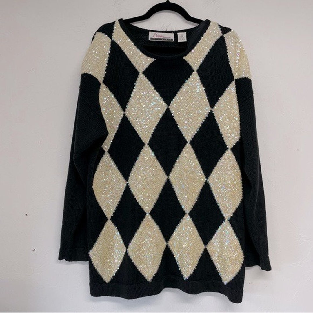 Vintage Diana Marco Black & Yellow Argyle Sequins Pullover Sweater ...