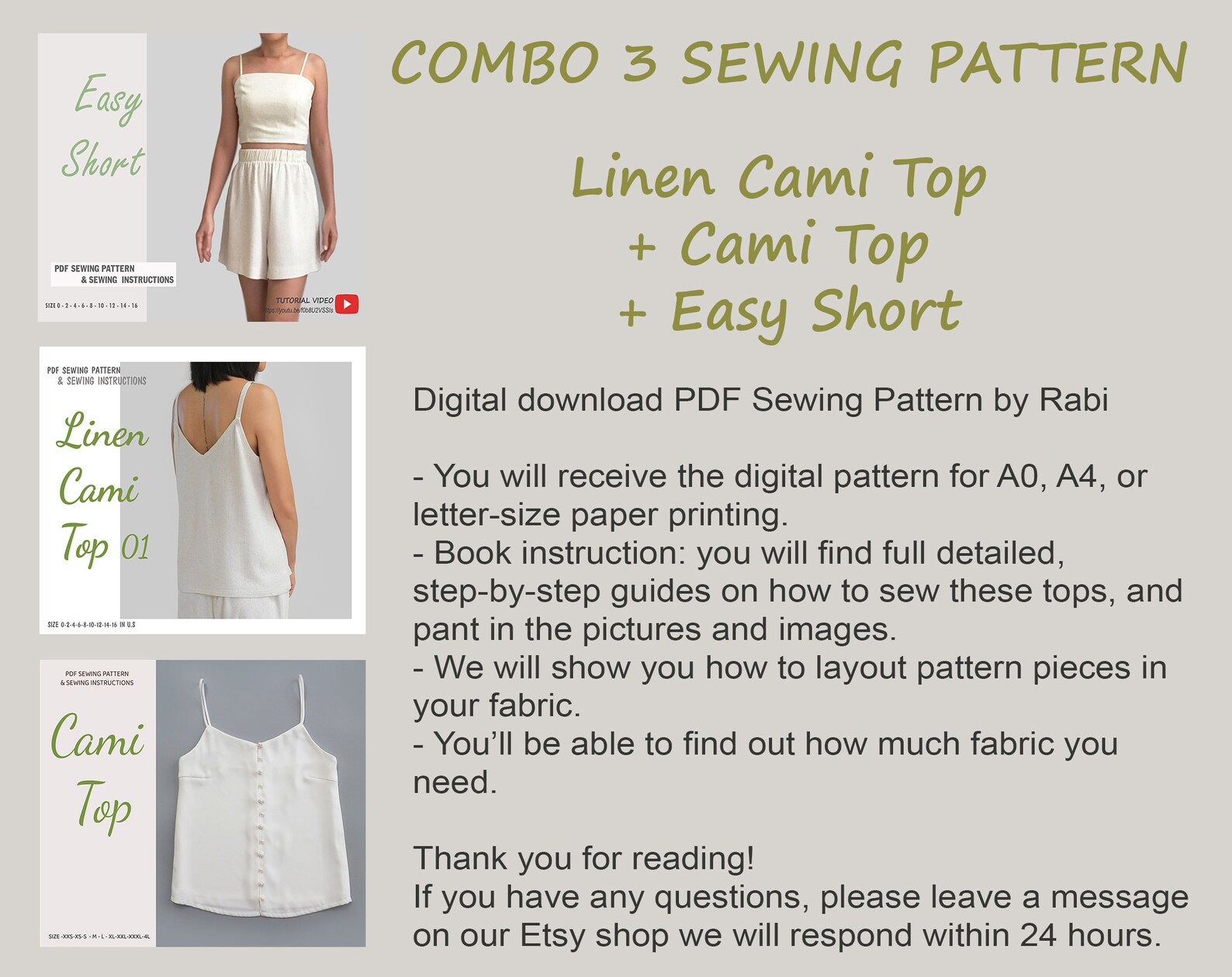 Combo 3 Sewing Patterns, Linen Cami Top, Cami Top, Easy Short, Instant ...