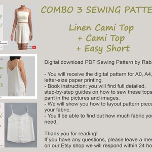 Combo 3 Sewing Patterns, Linen Cami Top, Cami Top, Easy Short, Instant ...
