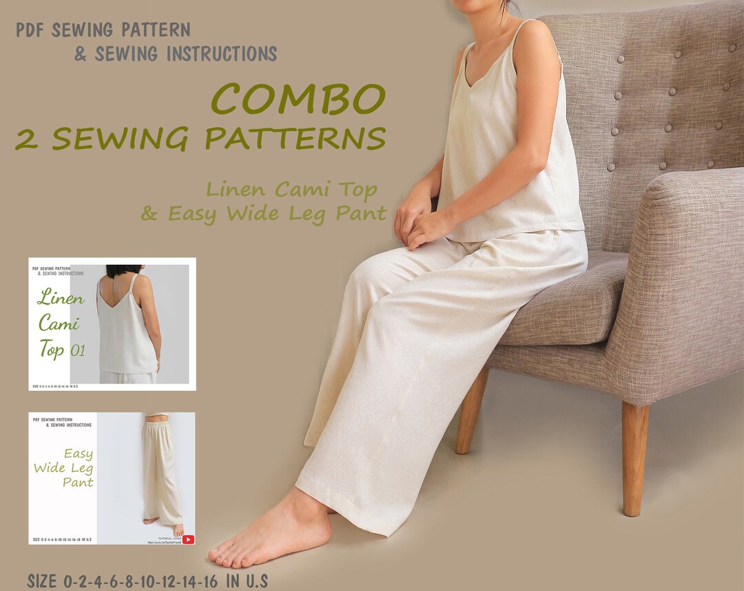 2 Sewing Patterns, Wide Leg Pants Sewing Pattern, Linen Cami Top, Instant Download U.S Size 0,2 ...