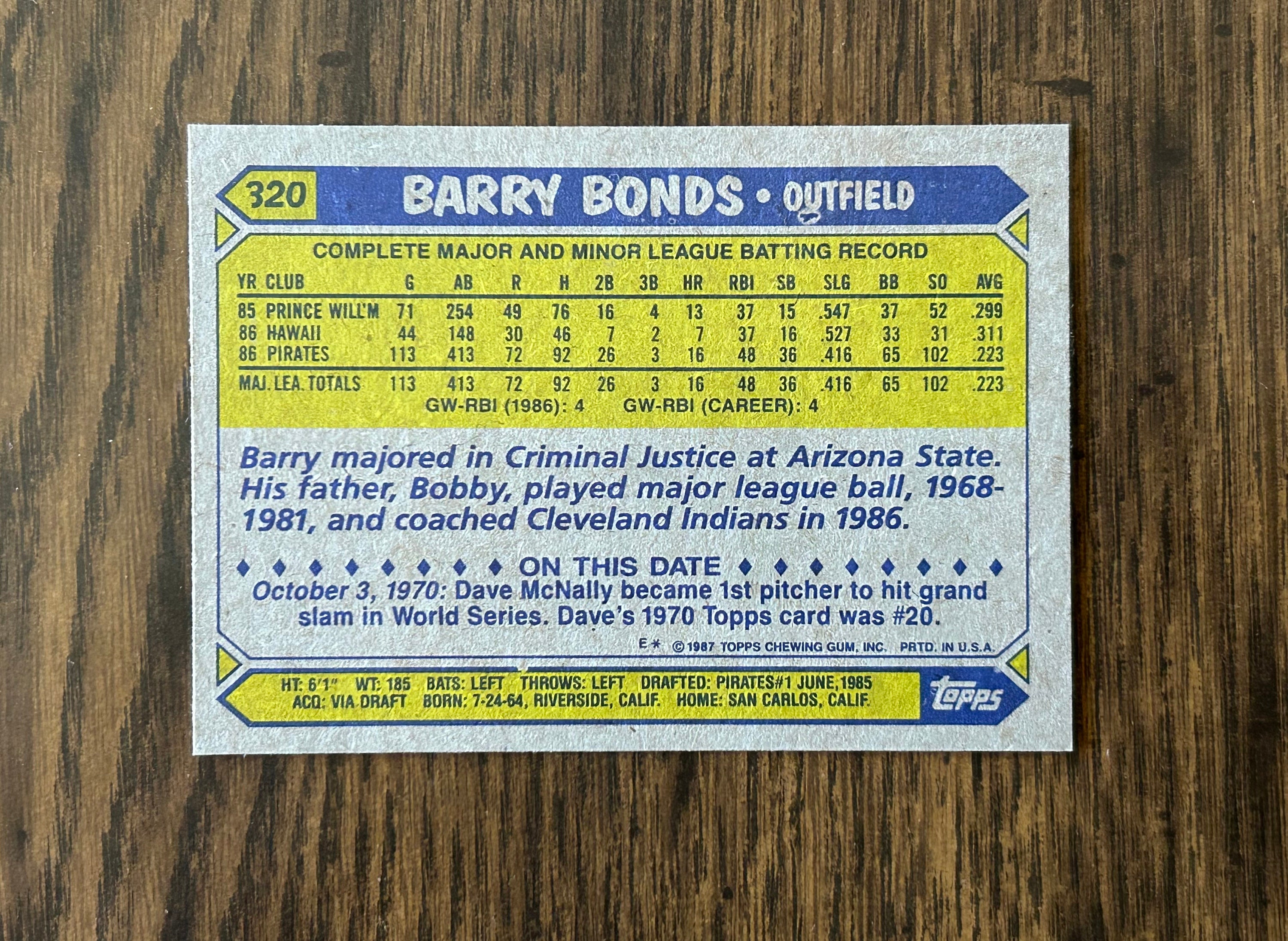 1987 Topps Barry Bonds Rookie Card 320 10 Errors Present Mint Condition ...