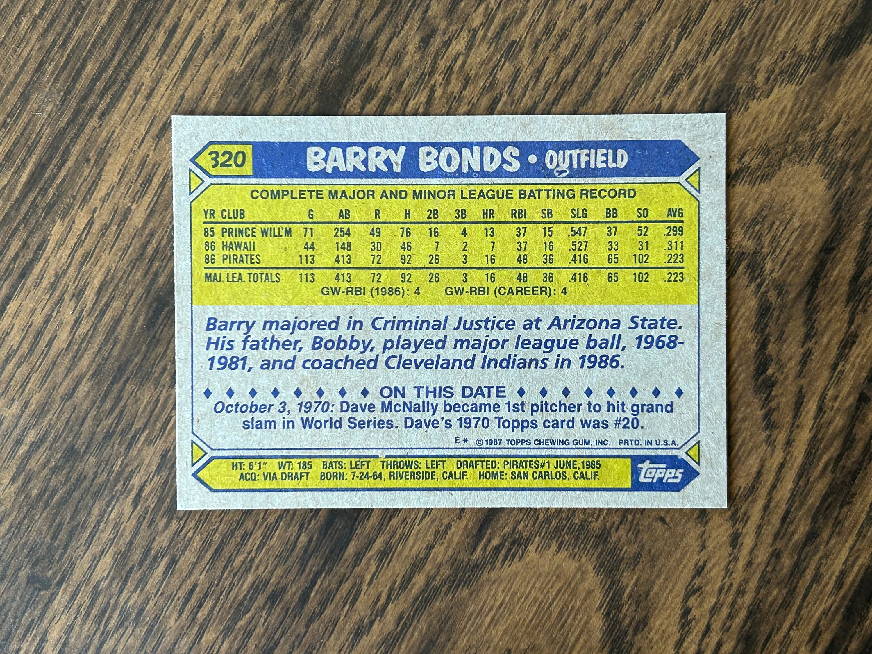 1987 Topps Barry Bonds Rookie Card 320 10 Errors Present Mint Condition 