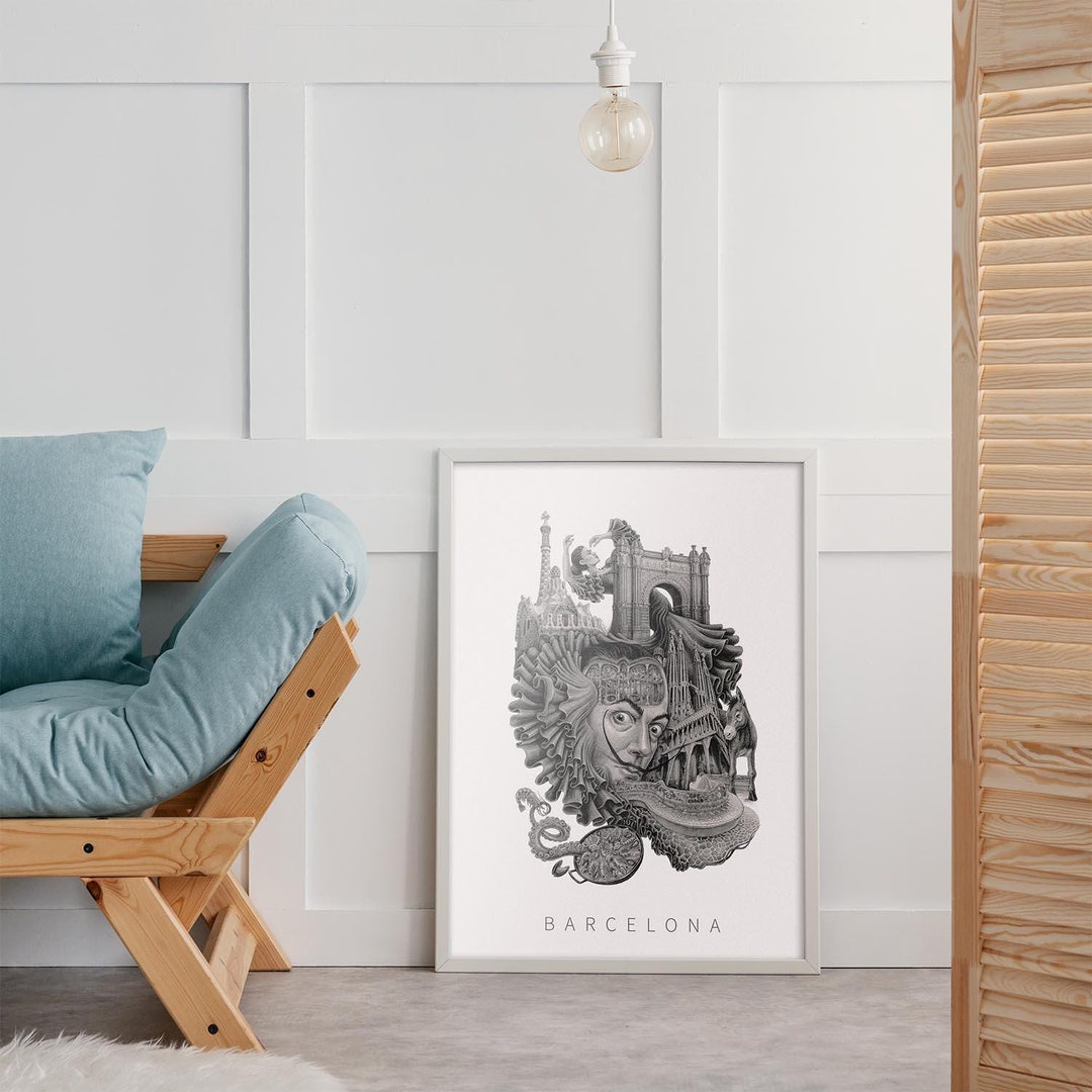 Barcelona Wall Art in Frame, Black and White Barcelona City Wall Art ...